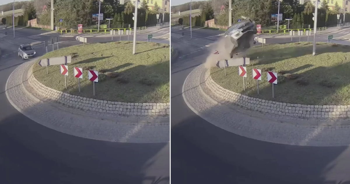 CCTV Captures Speeding Car Flying Over Roundabout In Poland - 9GAG