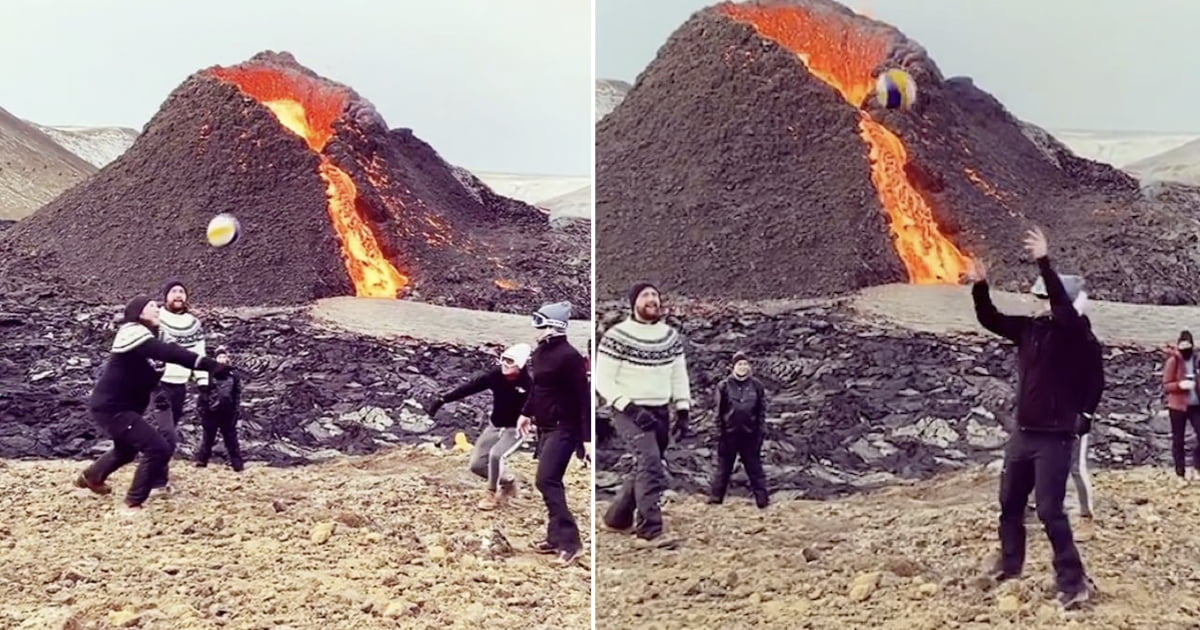 People Casually Play Volleyball In Front Of Erupting Volcano In Iceland ...