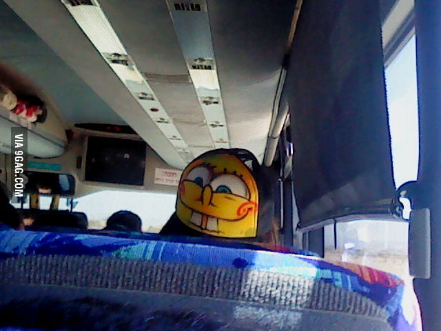 Creepy spongebob face in my tour bus - 9GAG