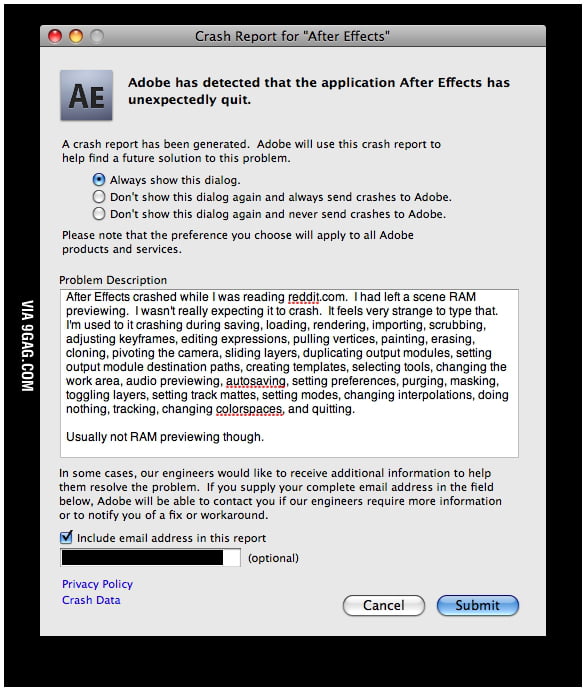 Crash Report for Adobe After Effects - 9GAG