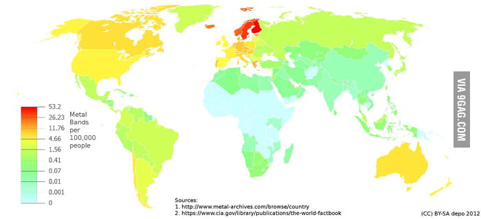 Metal bands per 100k people - 9GAG