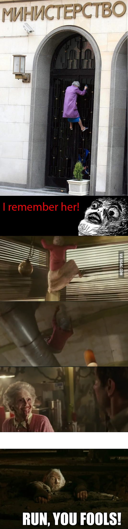 Just some old lady climbing on a gate... wait, what?! - 9GAG