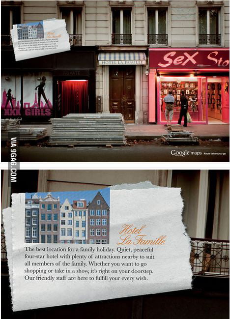 Epic advt. is epic!!! Google Maps: Hotel La Famille - 9GAG
