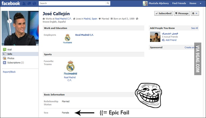 José Callejón Epic Fail in his official FaceBook account - 9GAG