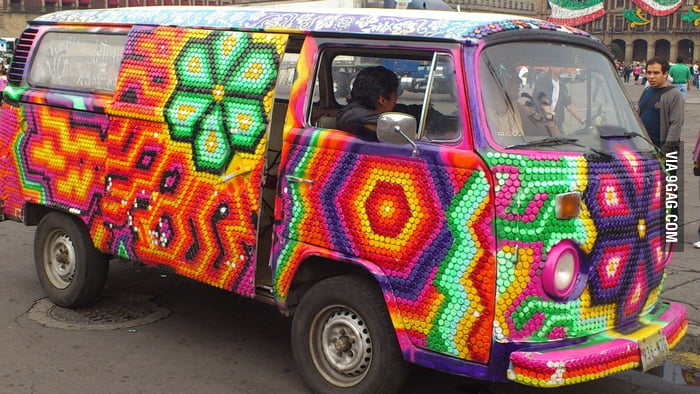A Volkswagen bus decorated by handcfraft in México. - 9GAG