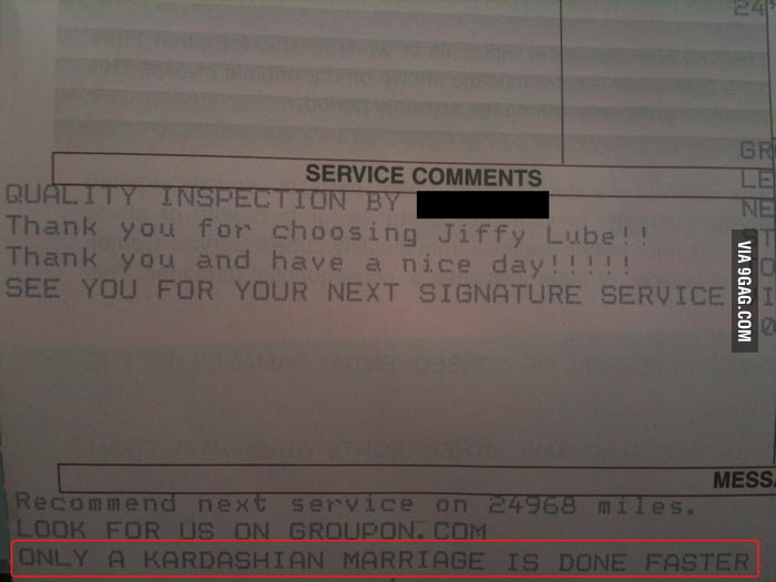 Can't make this up - actual Jiffy Lube receipt! - 9GAG