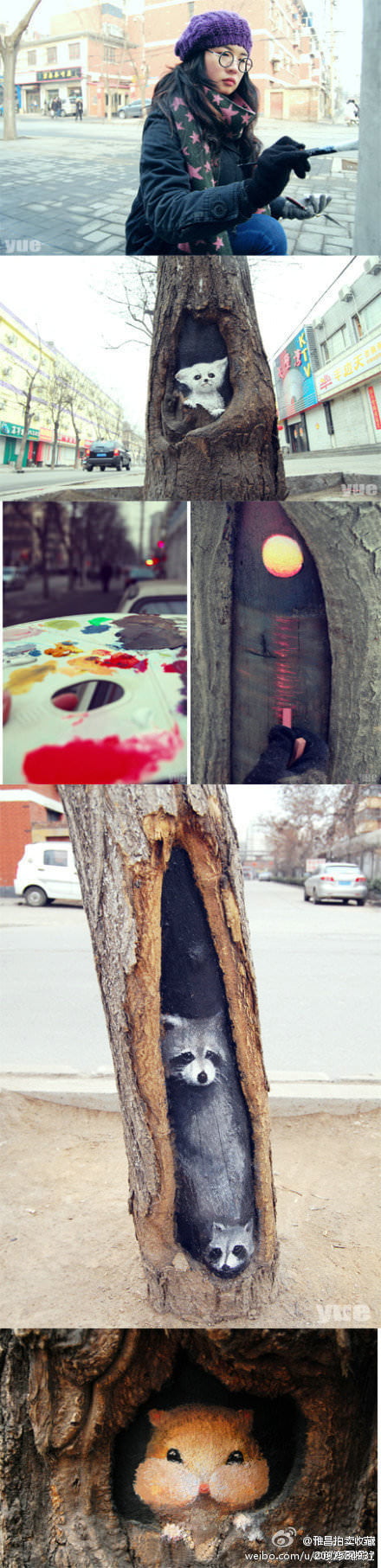 Girl turns tree holes into lovely views with her paint - 9GAG