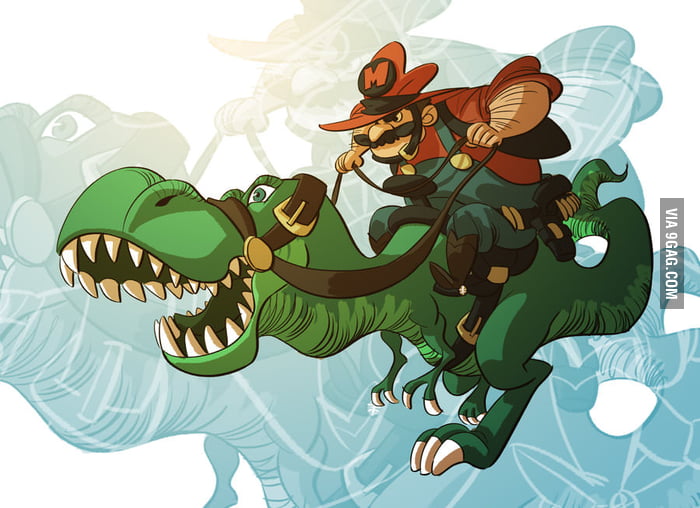 Cowboy Mario Riding T-rex Yoshi - 9GAG
