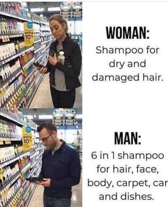 Woman is holding only three bottles of Shampoo, means...She just starting shopping or it's a ...