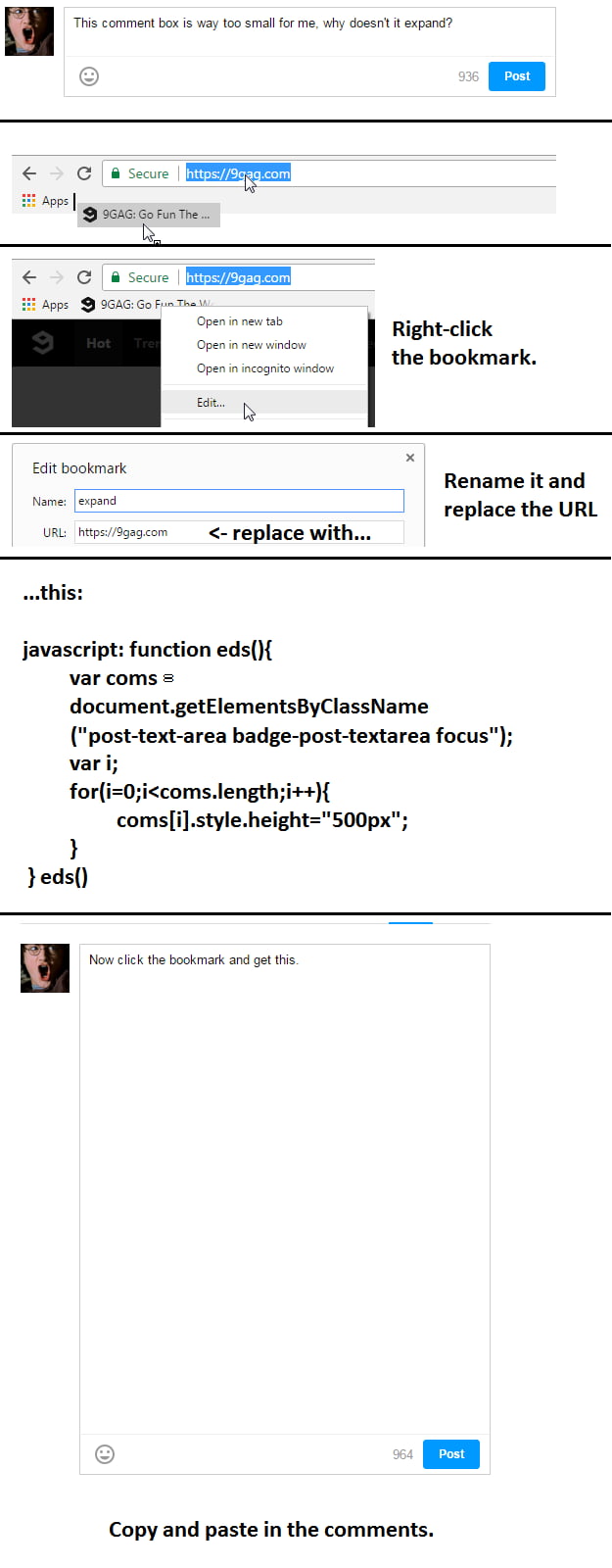 For everyone else bothered by the tiny comment box. - 9GAG
