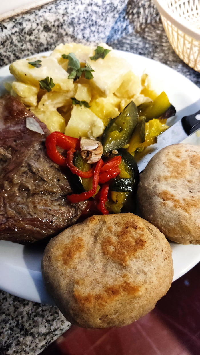 Pork with baked vegetables and homemade bread - 9GAG