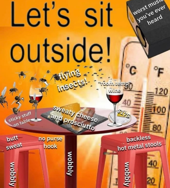 Outdoor dining sounds lovely until reality sets in. - 9GAG
