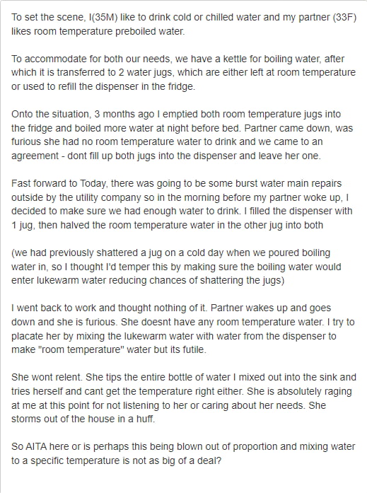 Previous on AITA - AITA for making my partners drinking water too warm? - 9GAG