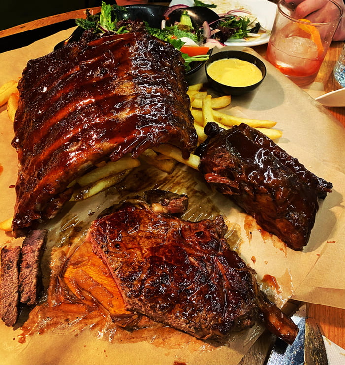 BBQ pork ribs, Medium rare Steak and beef ribs. Chicken salt chips and ...