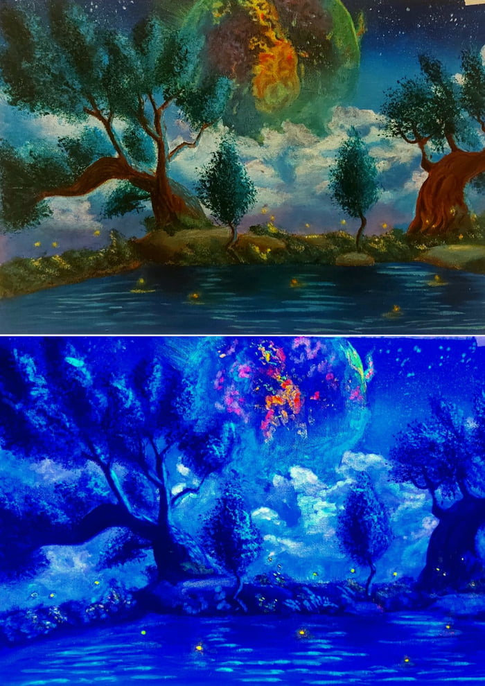 My acrylic painting under normal vs UV light. First I did the painting ...