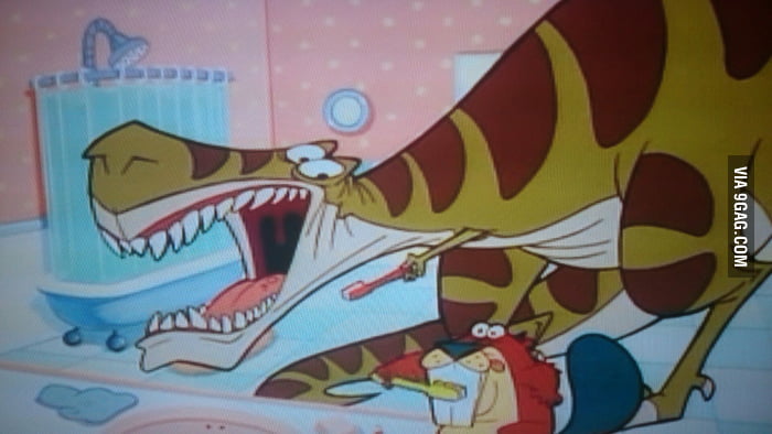 A T-Rex trying to brush his teeth in dexter's laboratory. - 9GAG