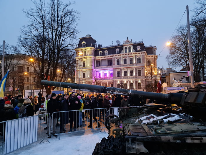 Latvia, Riga next to embassy of russia, a burned orcish tank is ...