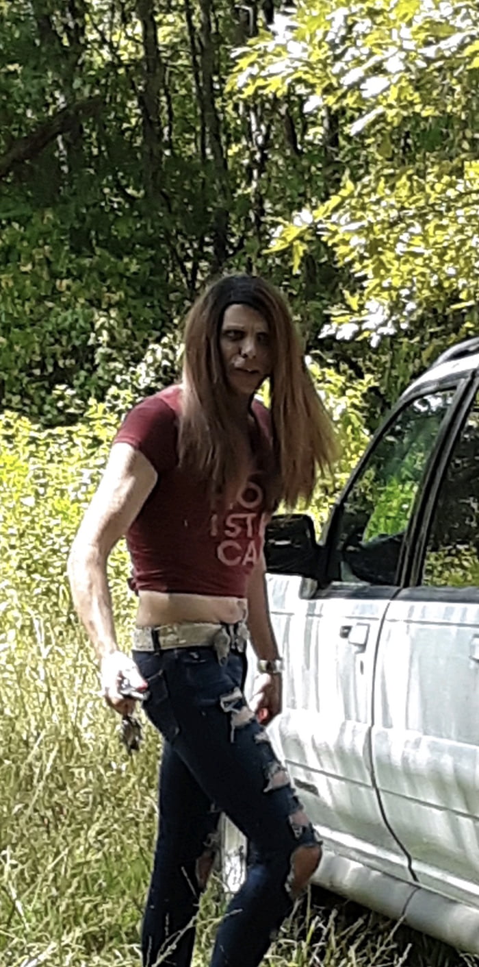 When a wild meth head appears in the woods. You take a picture and run. - 9GAG