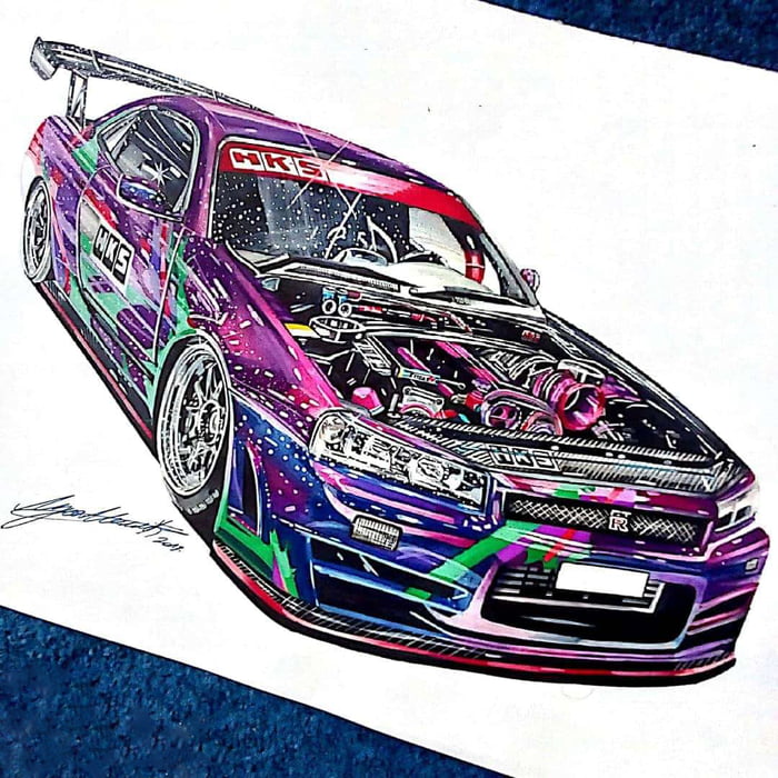 Skyline R34, done with markers and pencils - 9GAG
