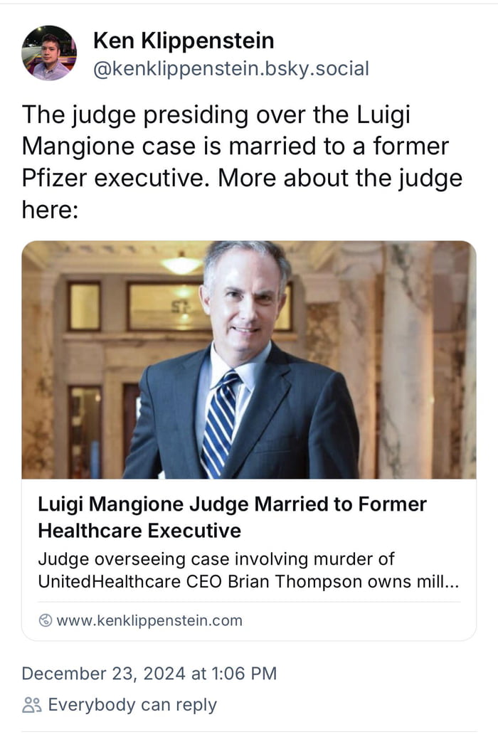 Judge presiding over Luigi Mangione case is married to former health care executive. - 9GAG