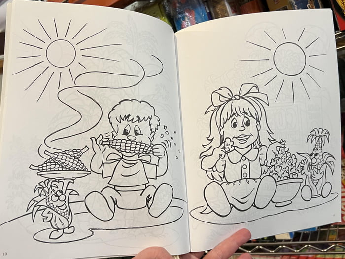 An oddly terrifying coloring book at the thrift featuring sentient corn ...