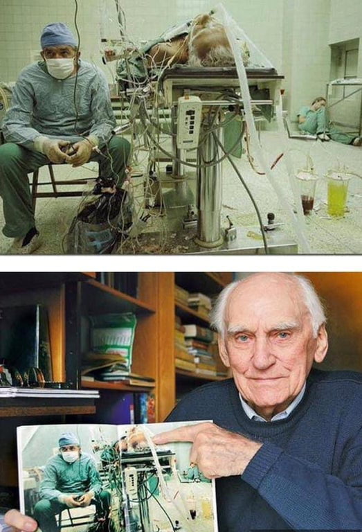 The first photo shows Dr. Zbigniew Religa resting after performing the ...