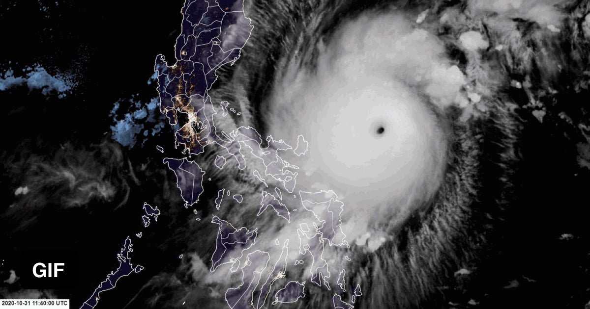 Typhoon Goni making landfall with a 1-minute sustained windspeed of 195 ...