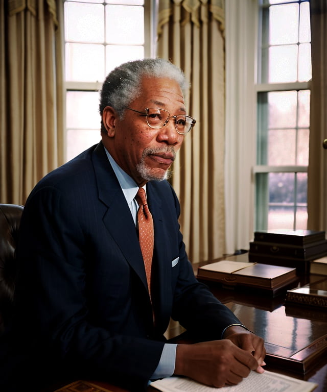 Morgan Freeman in a suit sitting at a desk, Hasselblad Camera with an ...