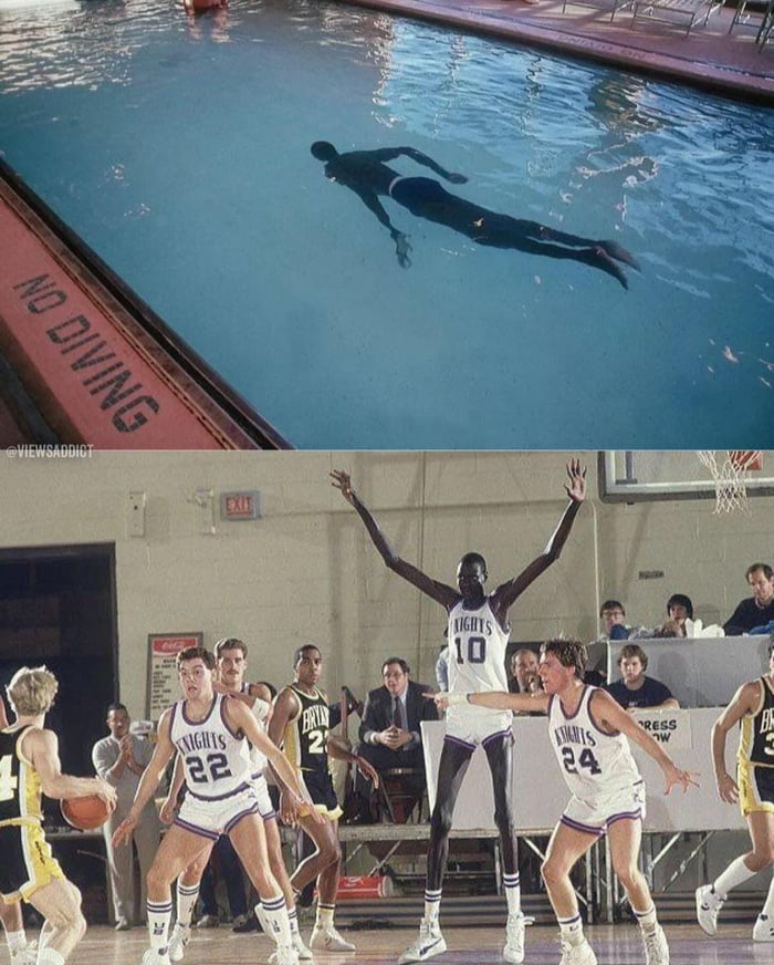 Former NBA player Manute Bol height 2.31 meters swimming in a pool - 9GAG