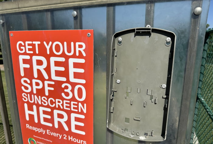 They stole the free sunscreen dispenser at the park - 9GAG