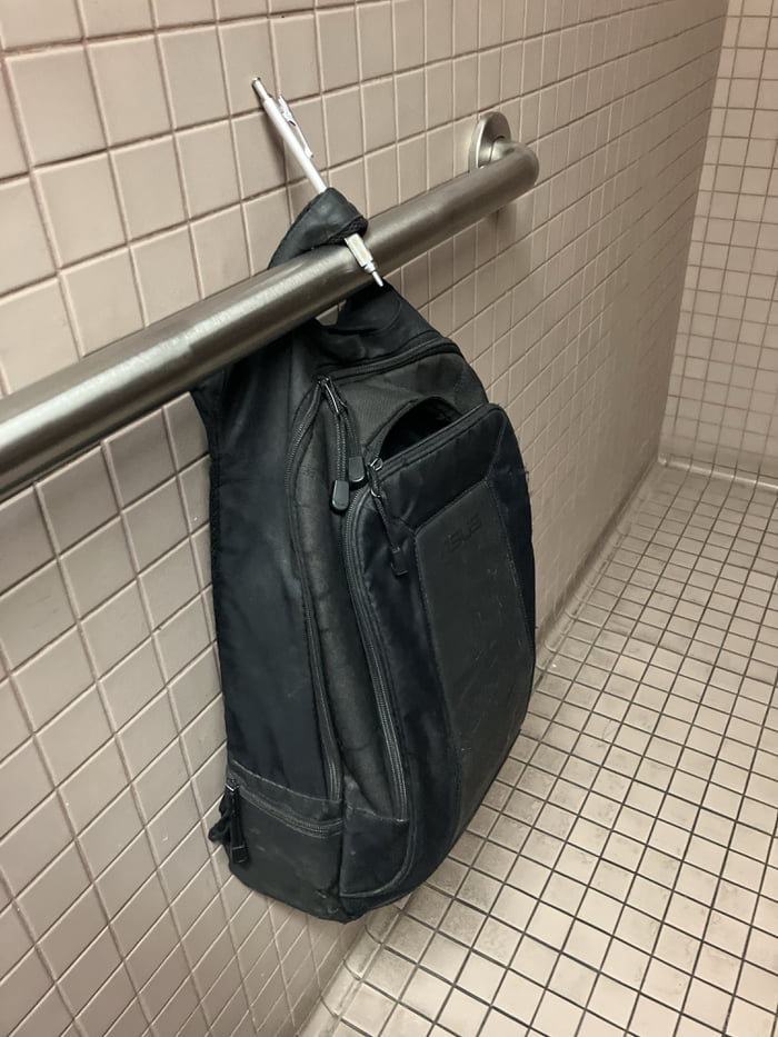 When theres nowhere to hang yer backpack while you shit - 9GAG