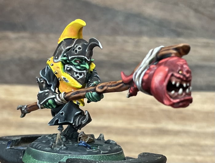 Just painted this little gobbo, holding a squig on a stick. The ...