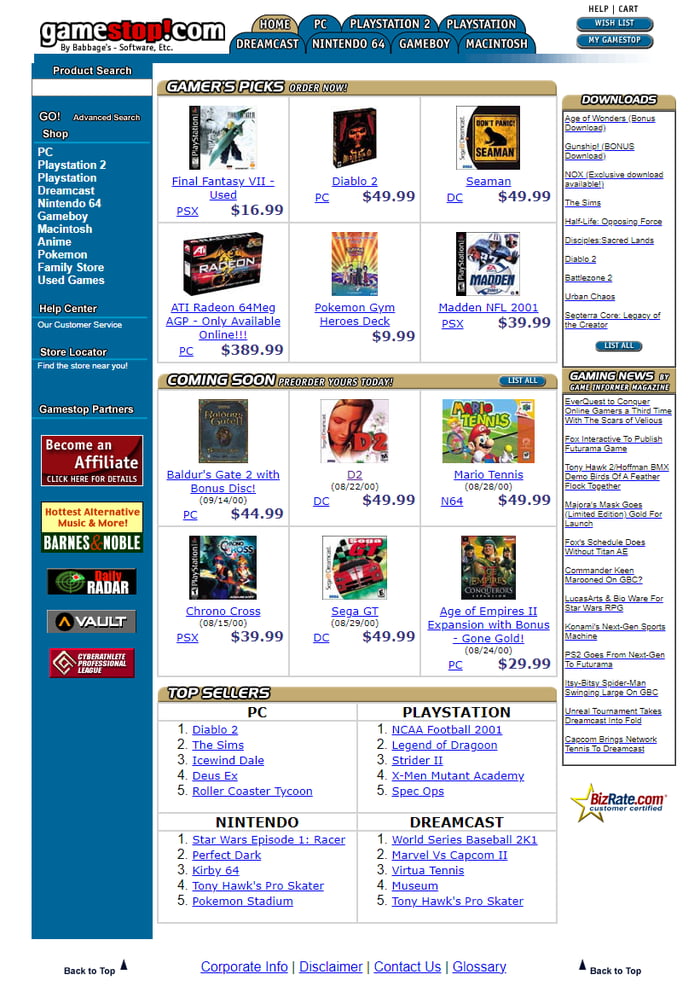 Main page of the Gamestop website, August 15, 2000 - 9GAG