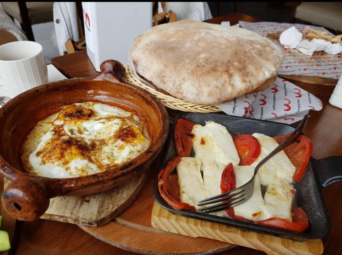Typical Lebanese breakfast, eggs, halloum cheese and fresh Lebanese ...