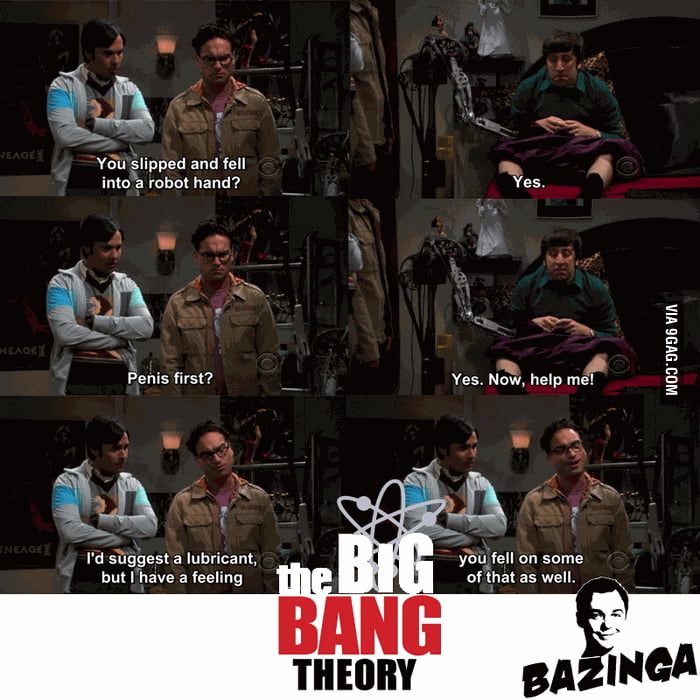 Howard's robot hand fails, slips and falls on robot's hand. TBBT - 9GAG