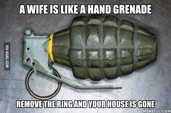 A wife is like a hand grenade, remove the ring and your house is gone ...