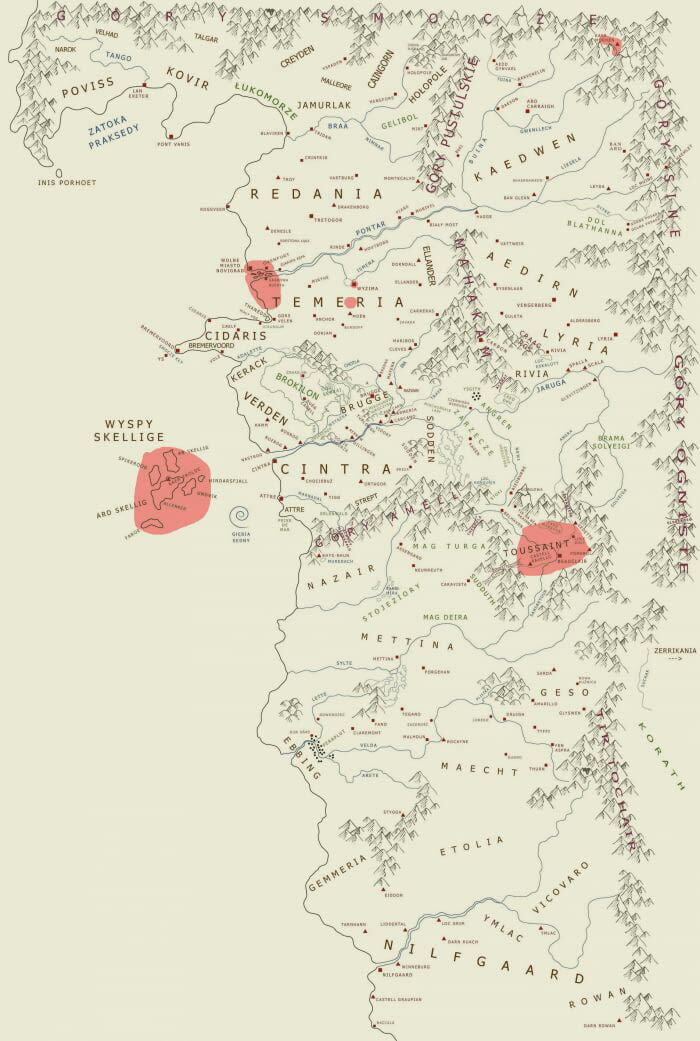 Full detailed map of the continent from the Witcher lore, the red zones ...