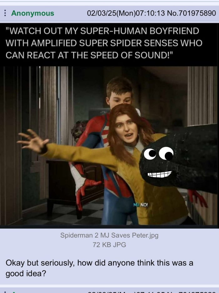 MJ thought it was a huge black cock so she jumped in the way so Spider-Cuck couldn't take it ...