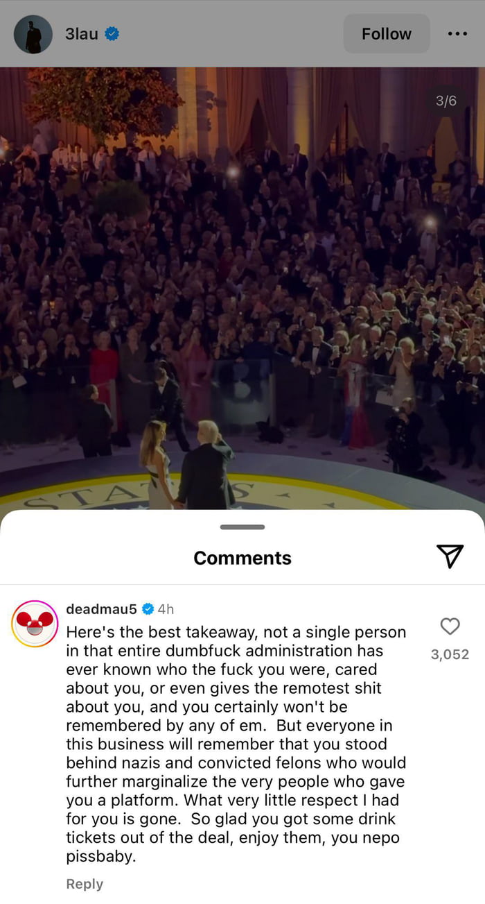 Deadmau5 reacts to 3LAU DJing DJT inauguration - 9GAG