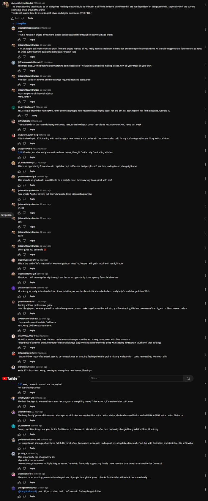 An entire thread of nothing but bots pushing crypto scams in Youtube ...