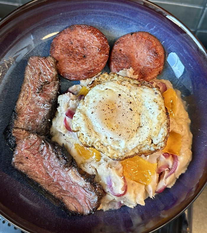 Cheddar mashed taro root with pickled onions, salami, egg and hanger ...