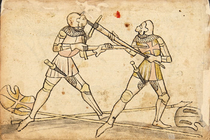 Medieval Illustration of armoured longsword fighters. The left one is ...
