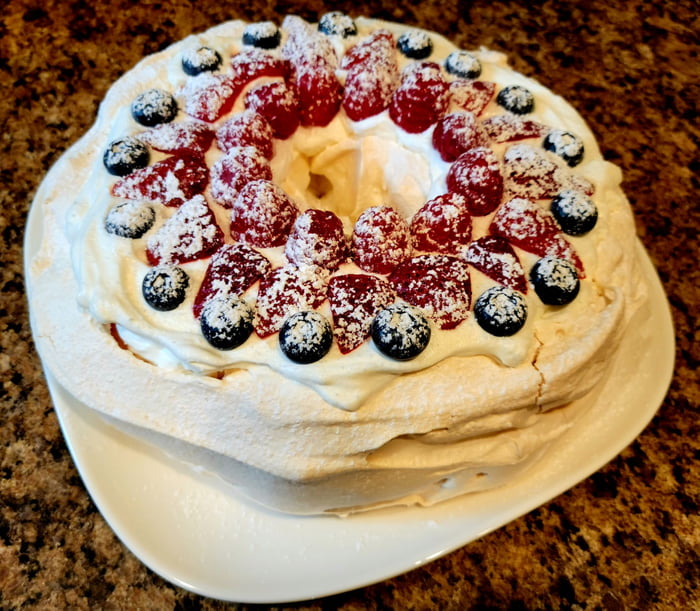 I made Mary Berry's Pavlova! Meringue ring, whipped cream, topped with ...