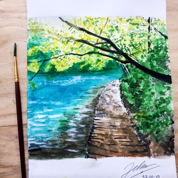 Watercolor: Riverside view in my village, enjoy - 9GAG