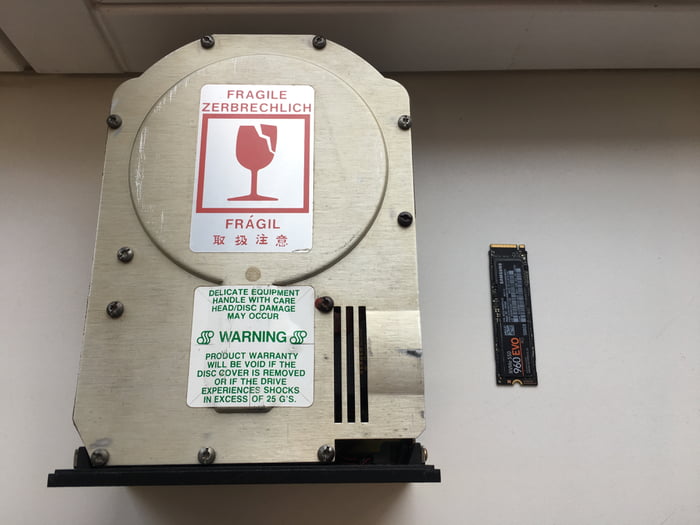 10MB Hard Drive from 1983 vs. 500GB NVMe SSD drive from today. Guess ...