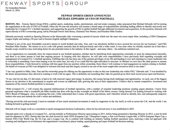 Fenway Sports Group announces Michael Edwards as CEO Of Football - 9GAG