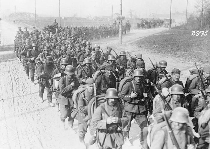 German troops marching to the front at Verdun. The Germans suffered ...