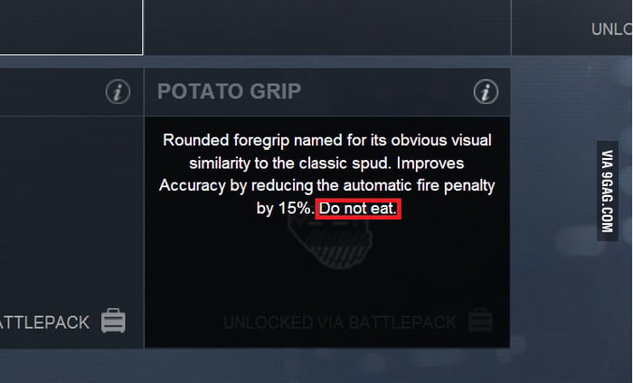 The description for the potato grip on Battlefield 4. DO NOT EAT - 9GAG