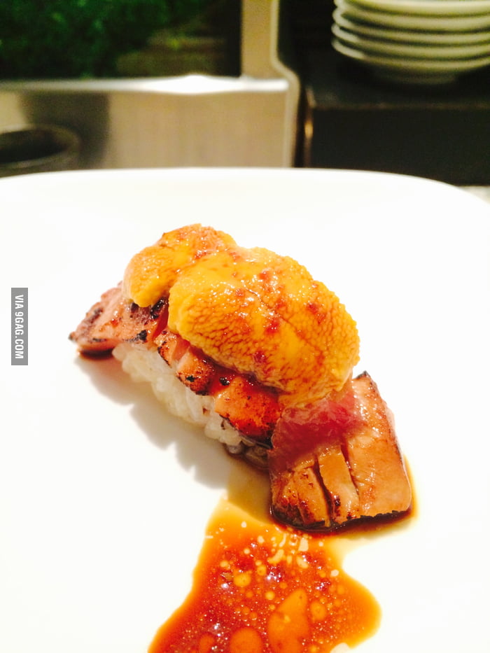 Sushi Tanaka - Seared Toro topped with Uni, brushed with soy sauce and ...