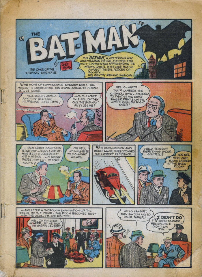 The first page of a Batman comic book ever created (Detective Comics ...